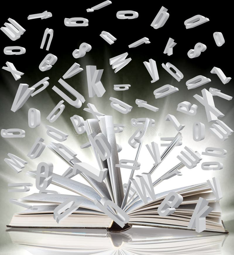 Old Book with Flying Letters and Magic Light on the Background of the ...