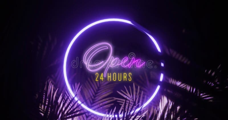 Image of Open 24 Hours Text Over Neon Shape and Leaves on Black ...