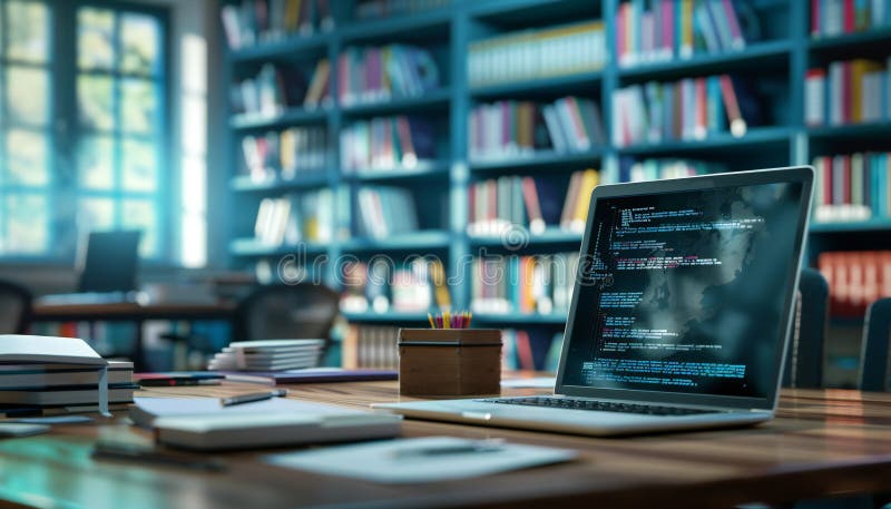 Image of an Open Laptop on a Library Background, Symbolizing a Learning ...