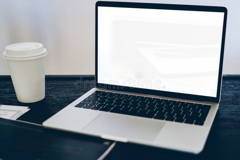 Image of Open Modern Laptop Computer with Mock Up Screen on Desktop ...