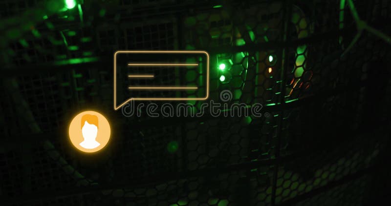 Image of Orange Chat Bot Message Icon Over Glowing Computer Server in ...