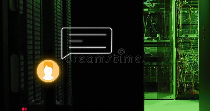 Image of Orange Chat Bot Message Icon Over Glowing Computer Server in ...