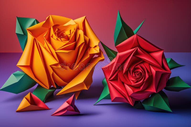Image of Orange and Red Origami Roses on Red Background, Created Using ...