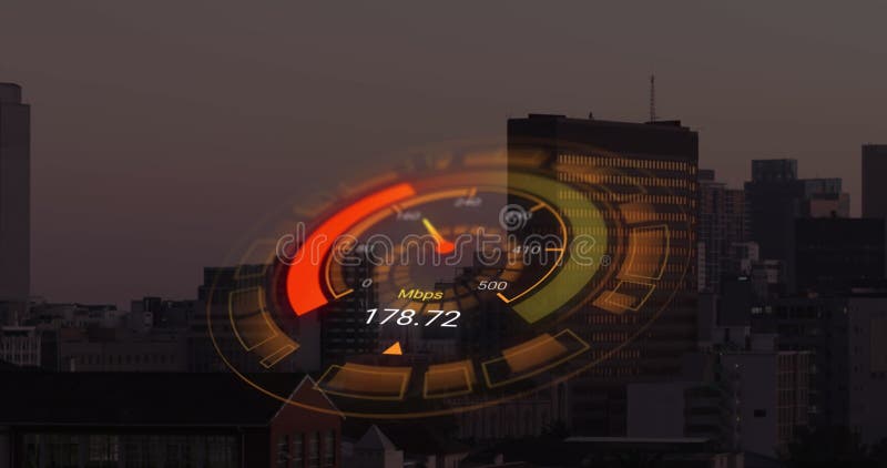 Image of Orange Speedometer Over Cityscape Stock Photo - Image of ...
