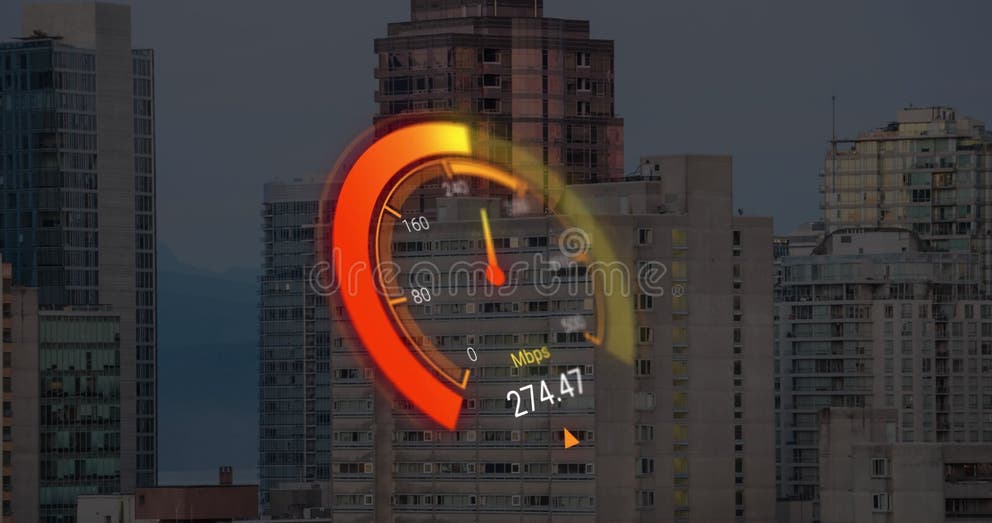 Image of Orange Speedometer Over Cityscape Stock Image - Image of ...