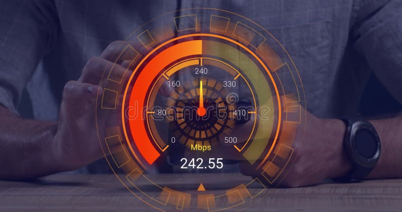 Image of Orange Speedometer Over Hands of Caucasian Man Using ...