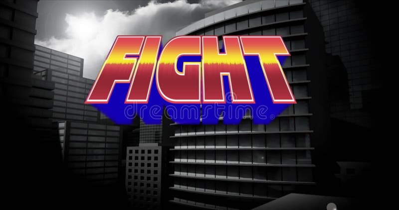 Image of Orange Text Fight, Over Monochrome Cityscape Stock ...