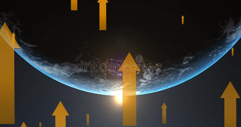 Image of Orange Upward Arrows Over Sun and Globe in Space Stock ...