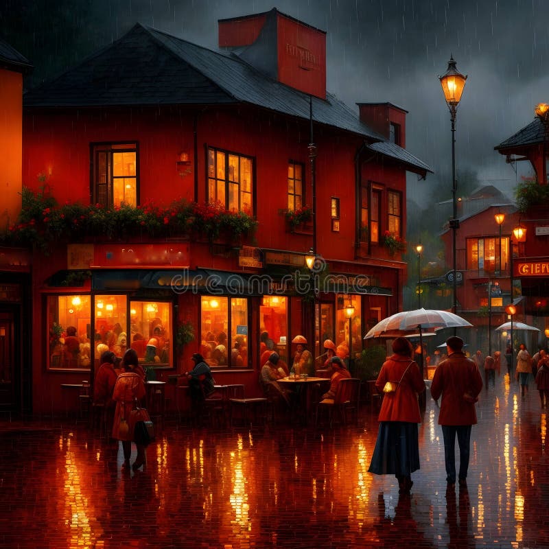 Image of Outdoor Scene with People Around the Cafe at Night with ...