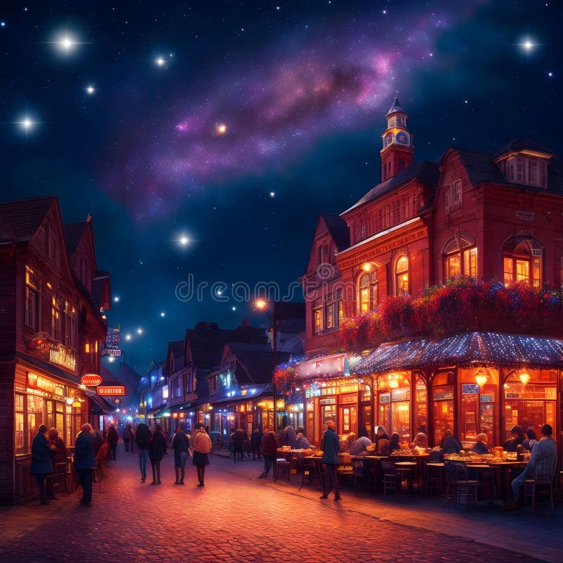 Image of Outdoor Scene with People Around the Cafe at Night with ...