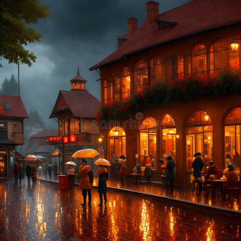 Image of Outdoor Scene with People Around the Cafe at Night with ...