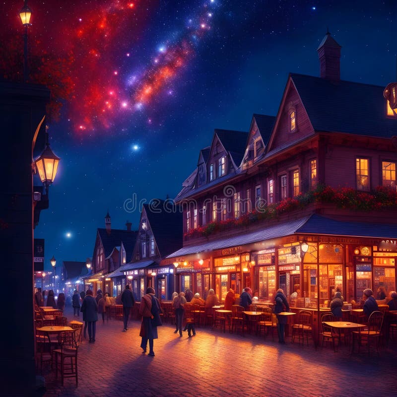 Image of Outdoor Scene with People Around the Cafe at Night with ...