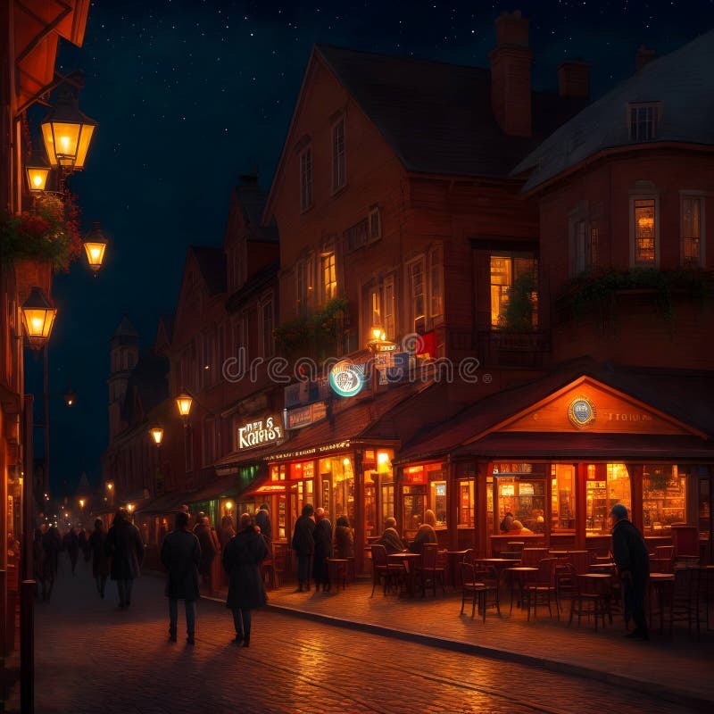 Image of Outdoor Scene with People Around the Cafe at Night with ...