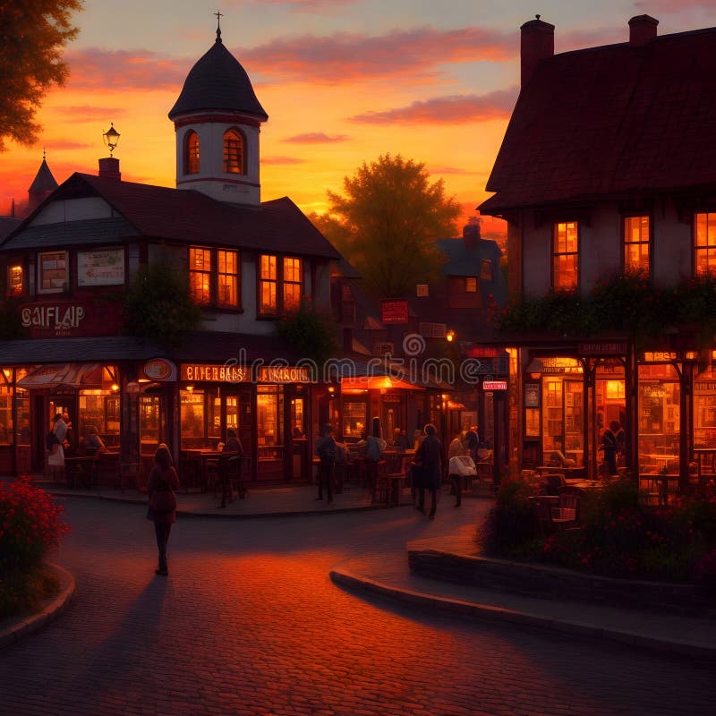 Image of Outdoor Scene with People Around the Cafe at Night with ...