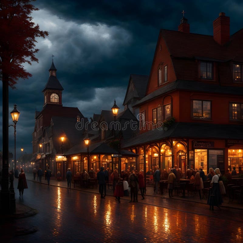 Image of Outdoor Scene with People Around the Cafe at Night with ...