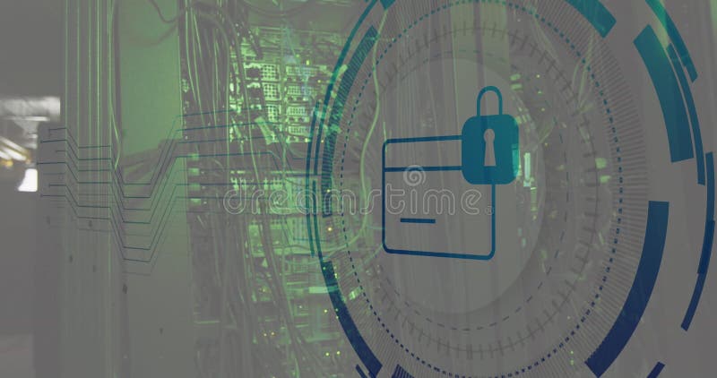 Image of Padlock and Card Icon in Circle Over Network Server Systems Stock Illustration ...