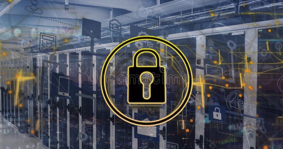 Image of Padlock in Circle with Flowchart of Icons and Connected Dots ...