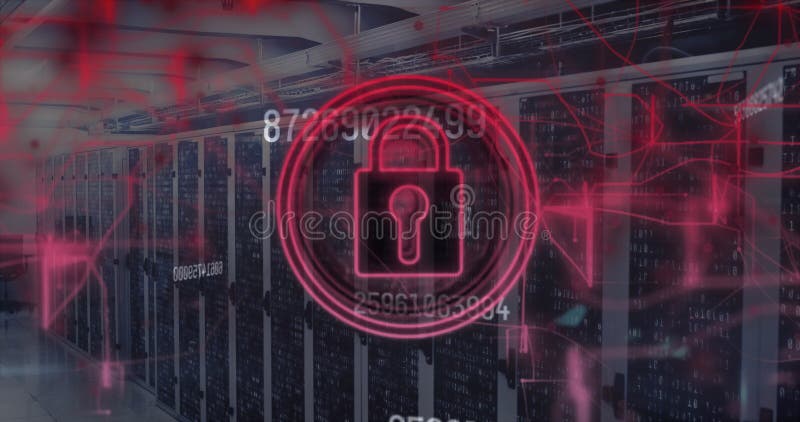 Image of Padlock in Circle, Numbers and Abstract Pattern Against Server ...