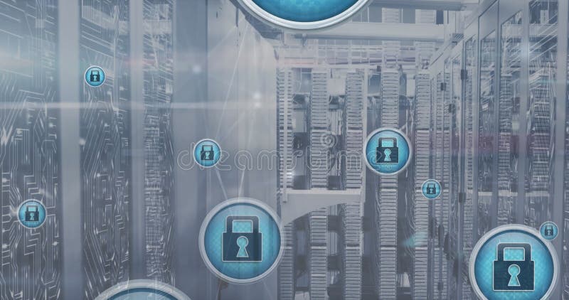 Image of Padlock in Circles Over Circuit Board Pattern on Server Racks ...