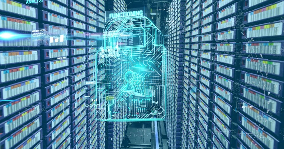 Image of Padlock Icon and Data Processing Over Server Room Stock Photo ...