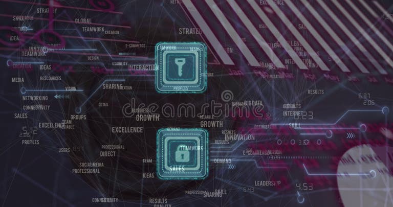 Image of Padlock and Key Icons Over Data Processing and Computer Motherboard and Servers Stock ...