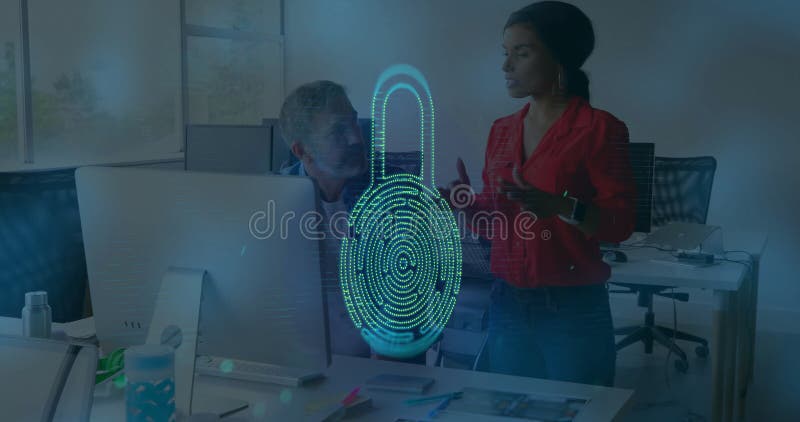 Image of Padlock Over Diverse Business People Using Computer and ...