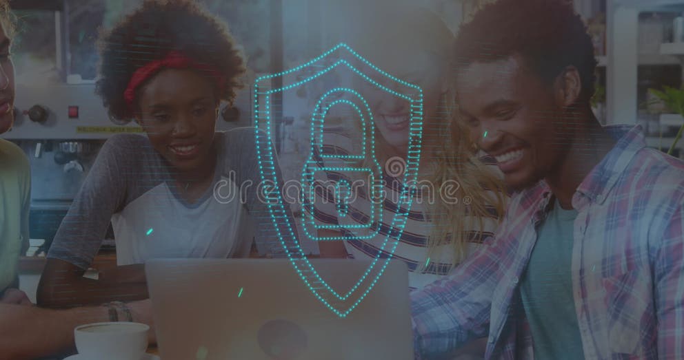 Image of Padlock Over Diverse Friends Using Laptop Stock Image - Image ...