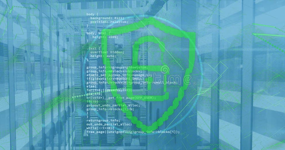 Image of Padlock in Shield, Computer Language Over Bars on Data Server ...