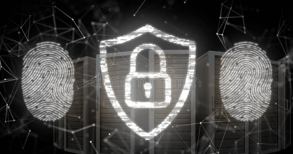 Image of Padlock in Shield, Fingerprints and Connected Dots Over Server ...
