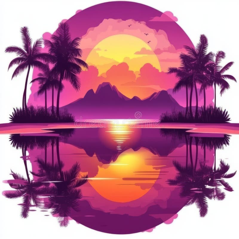 In the Image, a Palm Tree and Mountain are Silhouetted Against a ...