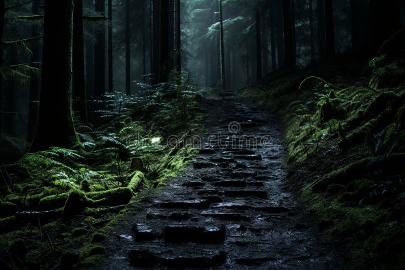 An Image of a Path in a Dark Forest Stock Illustration - Illustration ...