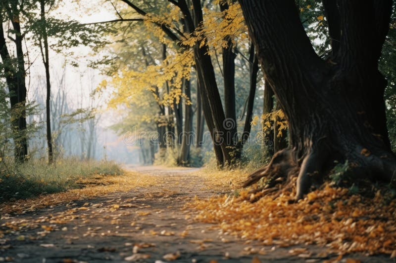 An Image of a Path in the Woods with Leaves on the Ground Stock ...