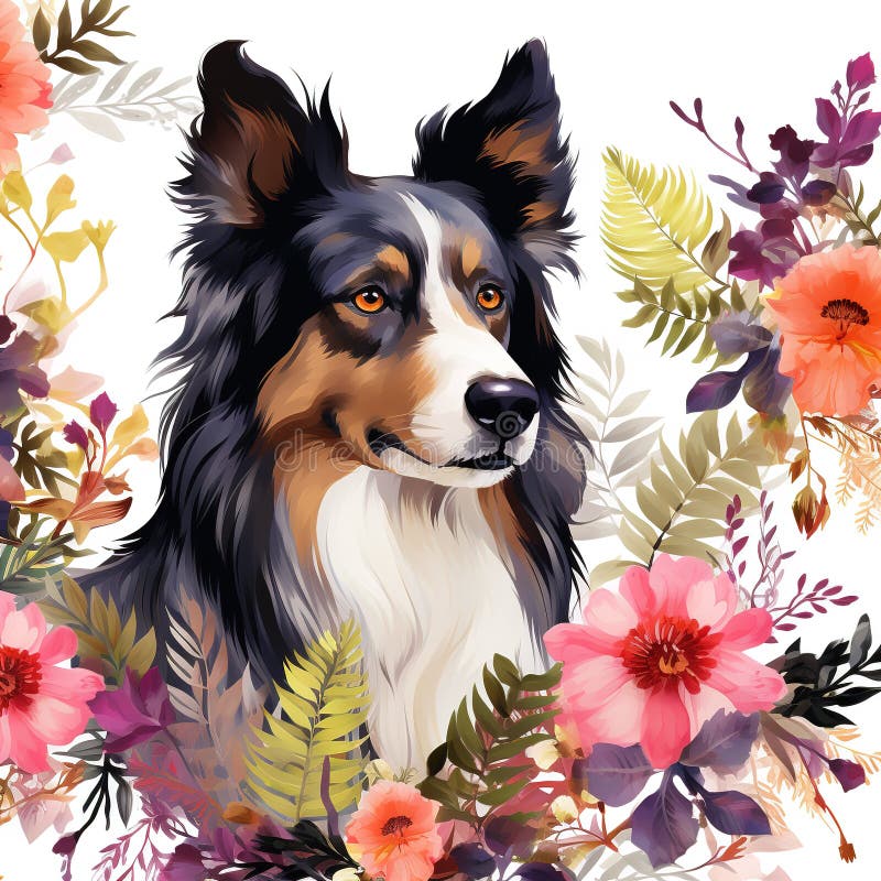 Image of Pattern Design Using Collie Dog and Flowers and Leaves. Pet ...