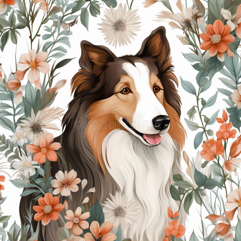 Image of Pattern Design Using Collie Dog and Flowers and Leaves. Pet ...