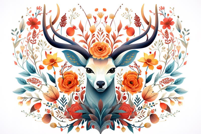 Image of Pattern Design Using Deer and Flowers and Leaves. Wildlife ...