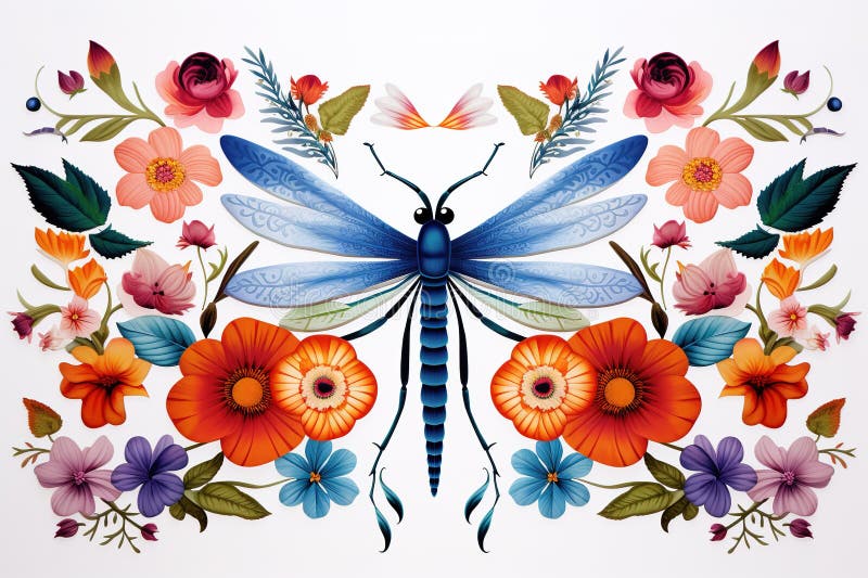 Image of Pattern Design Using Dragonfly and Flowers and Leaves. Insect ...