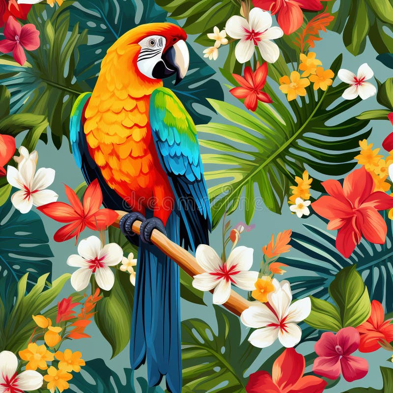 Image of Pattern Design Using Macaw and Flowers and Leaves. Wildlife ...