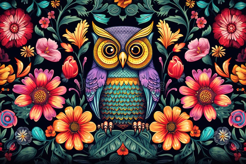 Image of Pattern Design Using an Owl and Flowers and Leaves. Wildlife ...