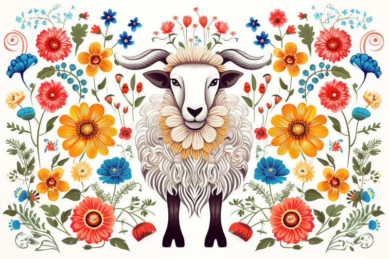 Image of Pattern Design Using Sheep and Flowers and Leaves. Farm ...