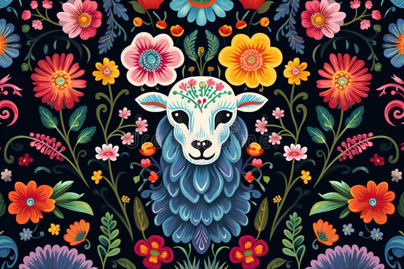 Image of Pattern Design Using Sheep and Flowers and Leaves. Farm ...