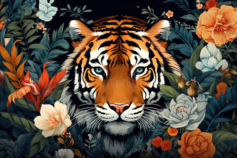 Image of Pattern Design Using Tiger Face and Flowers and Leaves ...