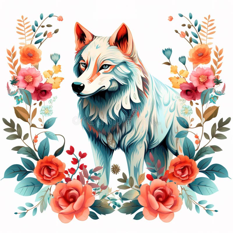Image of Pattern Design Using Wolf and Flowers and Leaves. Wildlife ...