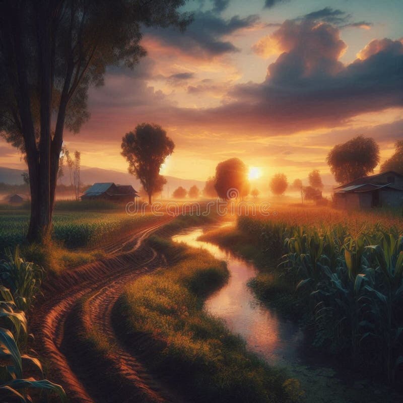 Image of a Peaceful Evening on a Quiet Rural Countryside Around the ...