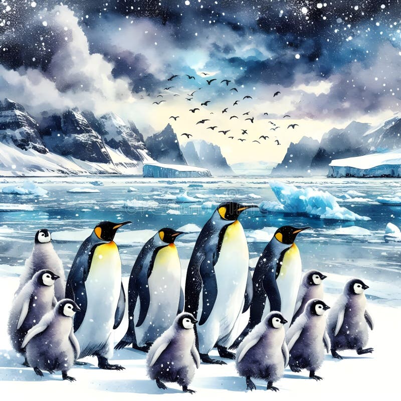 Image of Penguin Birds Standing on Top of a White Snowy Winter Seaside ...