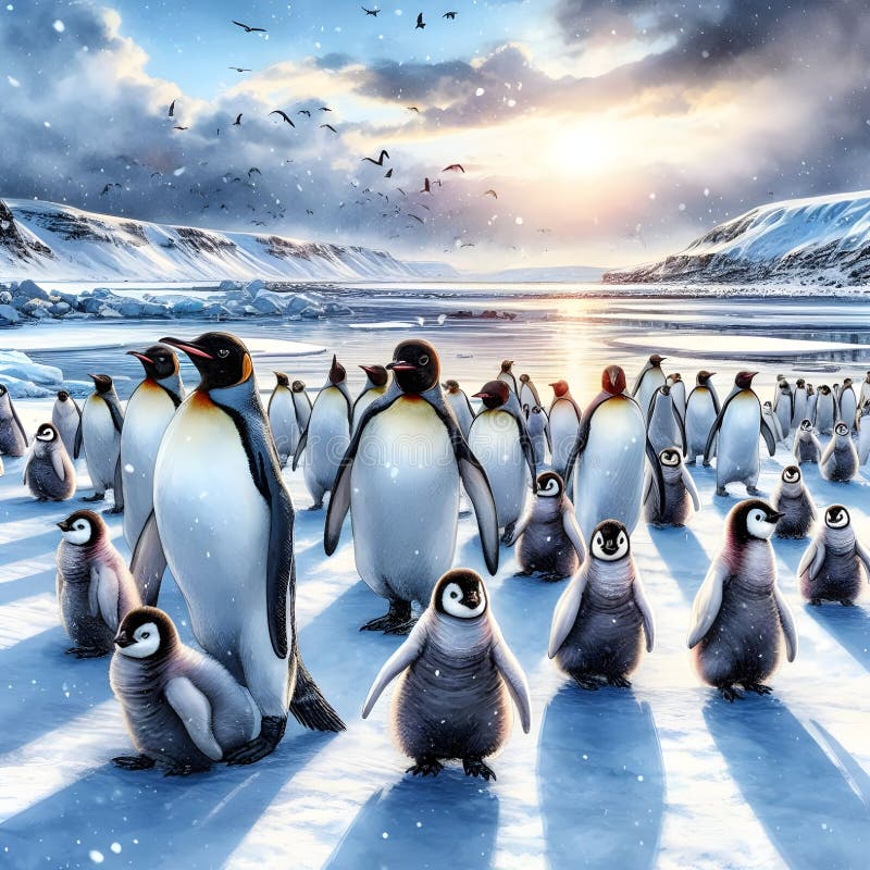 Image of Penguin Birds Standing on Top of a White Snowy Winter Seaside ...