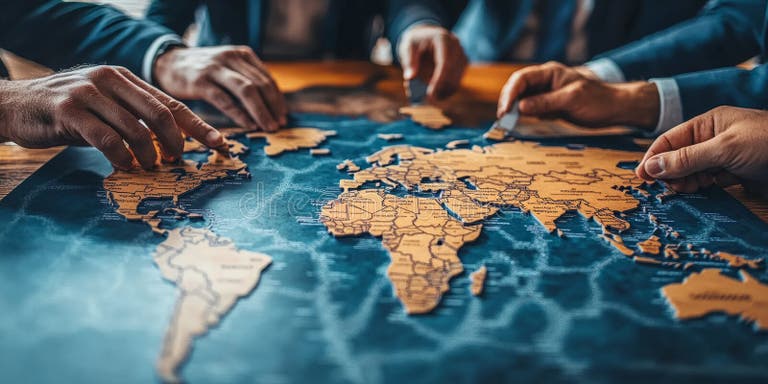 An Image of People Assembling a Strategic World Map Puzzle. Stock ...