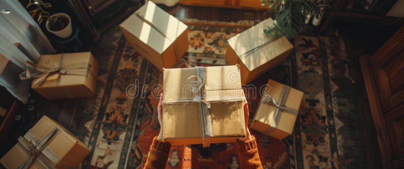Person Holding Wrapped Gift Box among Many Others on Floor Stock Photo ...