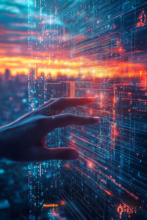 In this Image, a Person Points at a Digital Screen with a City Behind ...