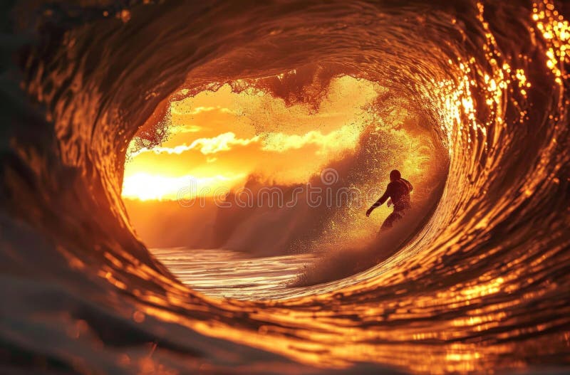 An Image of a Person Riding a Wave at Sunset Stock Illustration ...