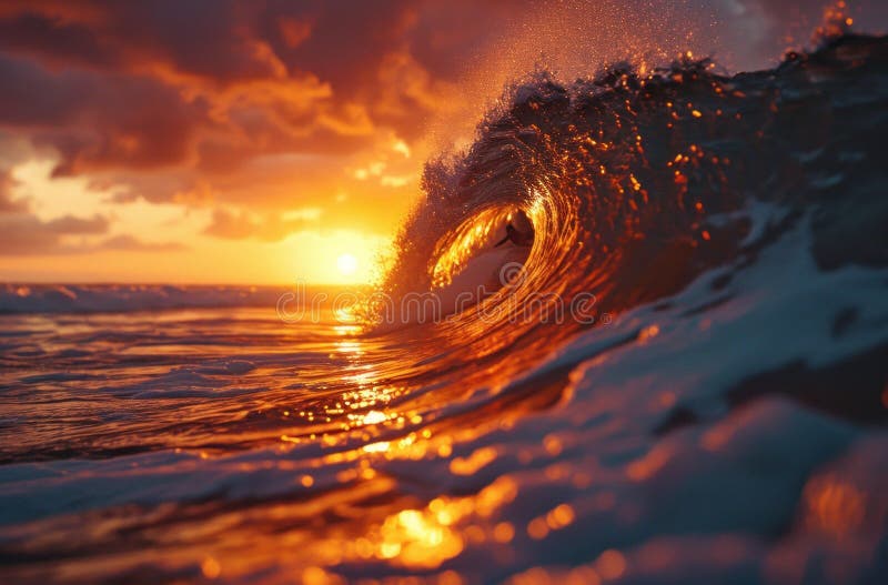 An Image of a Person Riding a Wave at Sunset Stock Image - Image of ...